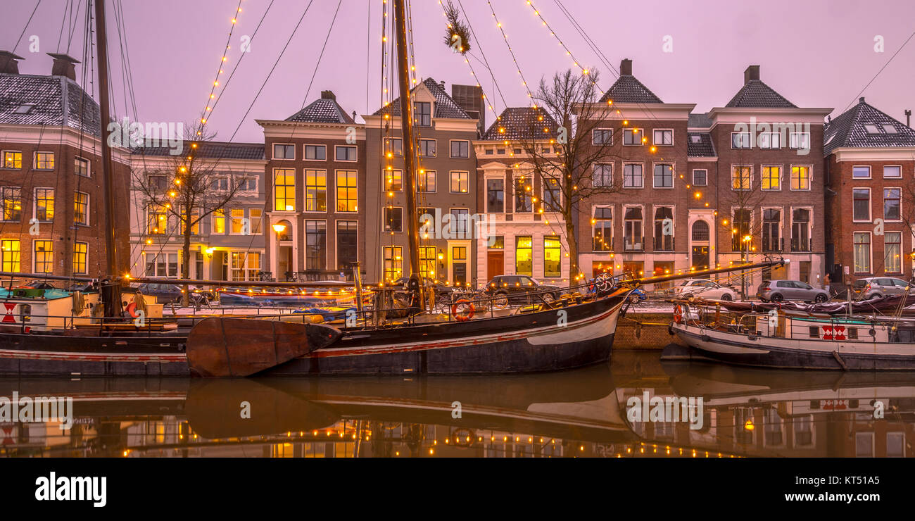 Historic buildings on Hoge der Aa Quay with ships in Groningen city ...