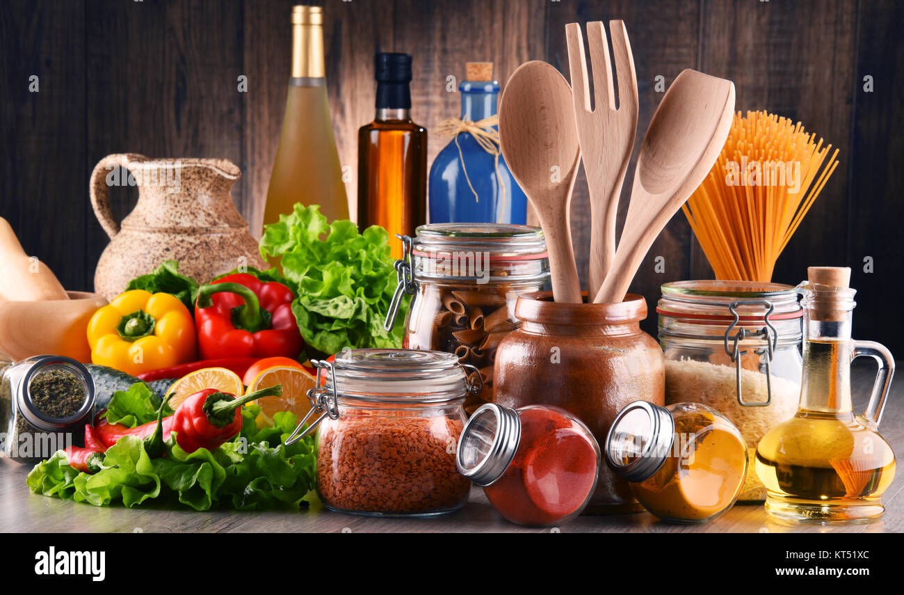 Composition with assorted food products and kitchen utensils Stock ...