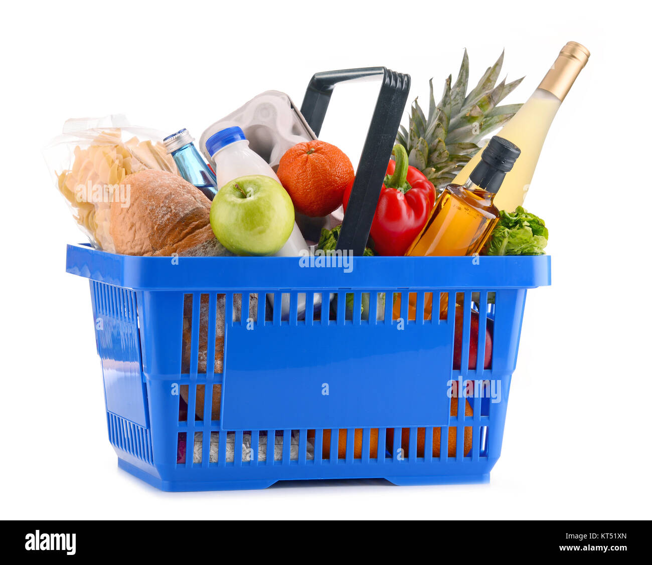 Plastic shopping basket with assorted grocery products Stock Photo - Alamy