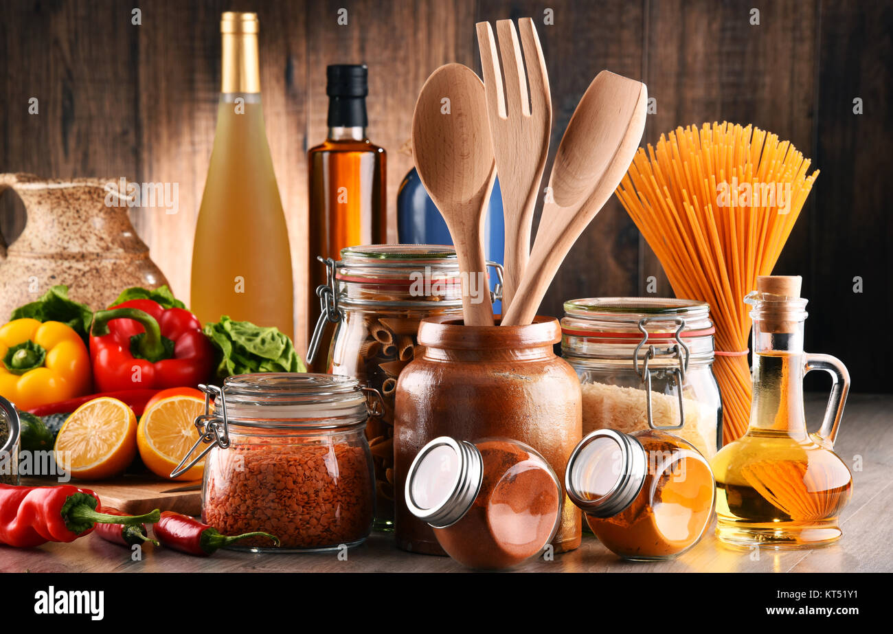 Composition with assorted food products and kitchen utensils Stock ...