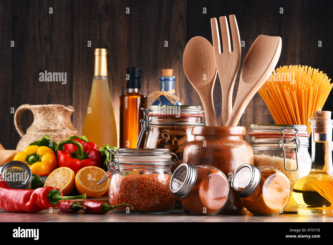Composition with assorted food products and kitchen utensils Stock ...