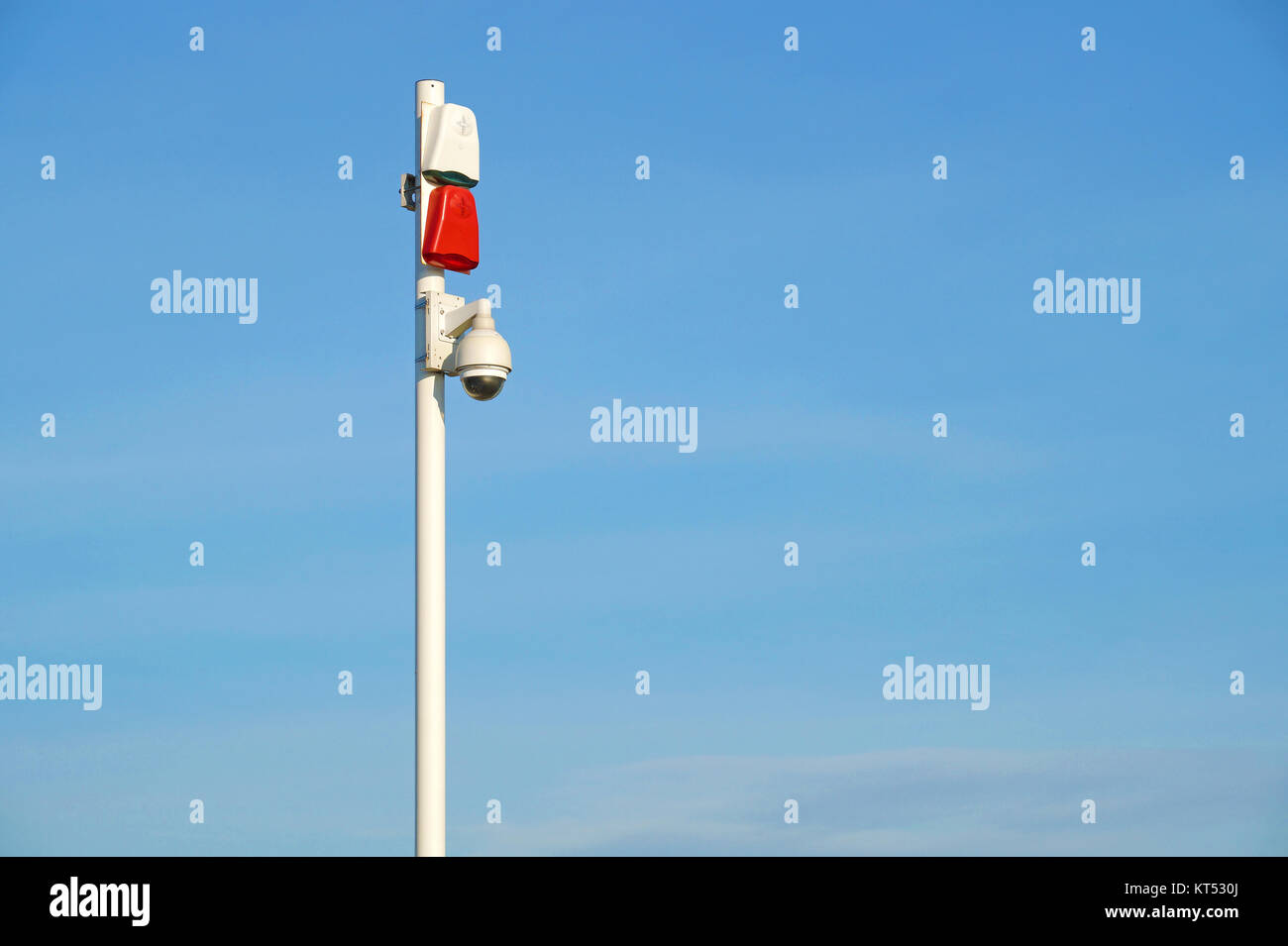 Cluster of security cameras with sound sirens at entrance to secure ...