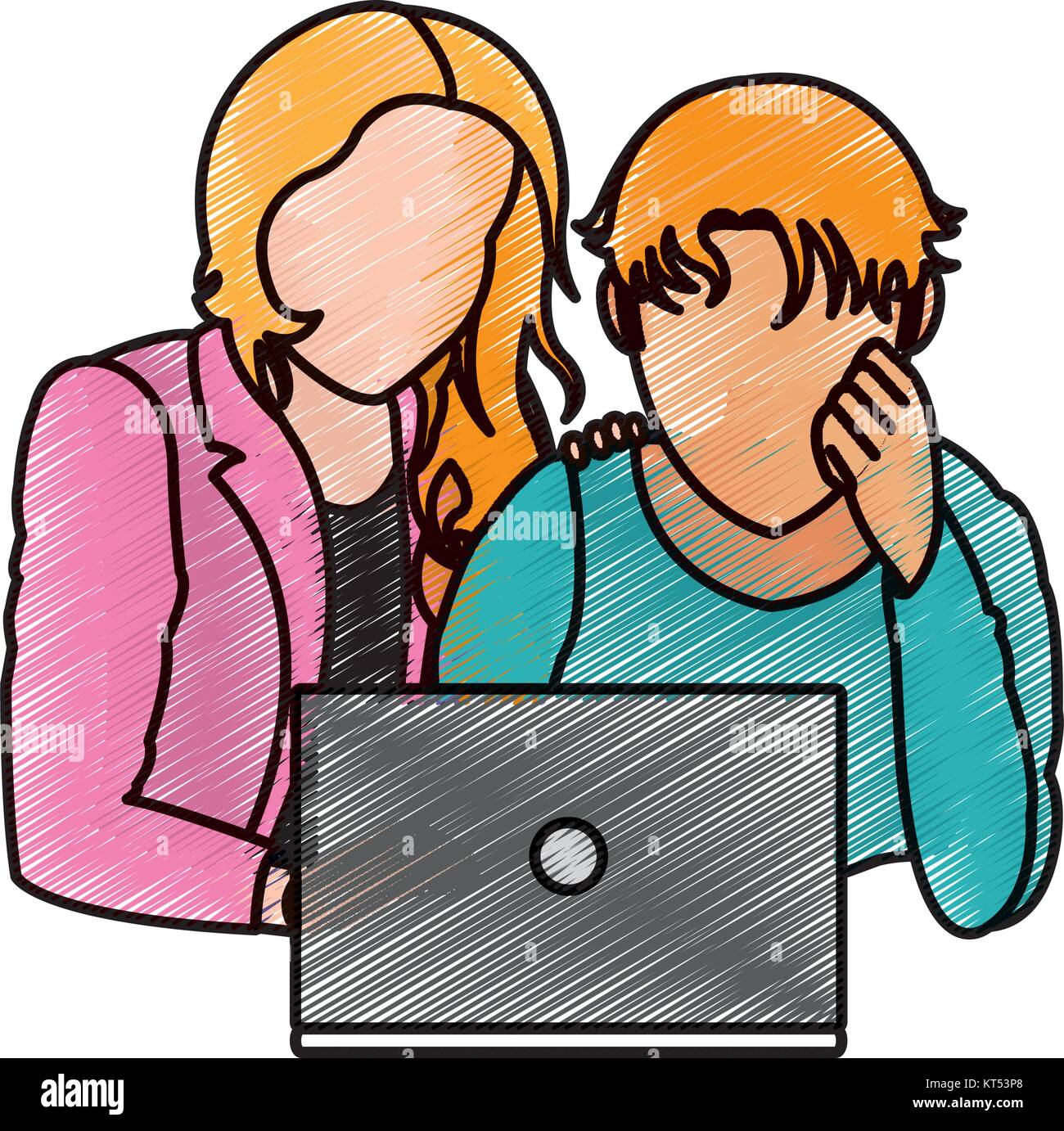 Boy and girl with laptop of device gadget and technology theme Isolated ...