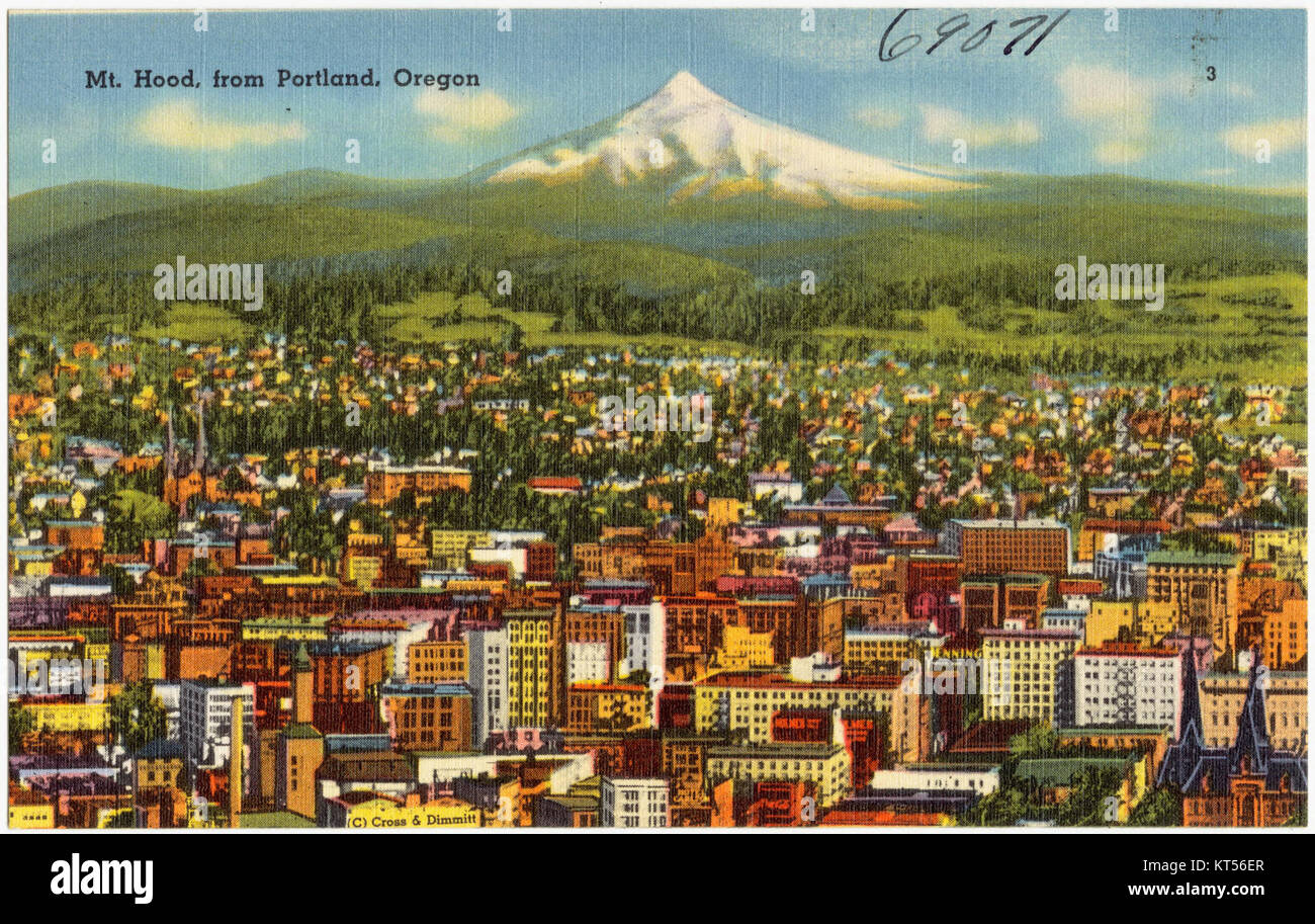 Mount Hood, viewed from Portland, Oregon, is a dormant stratovolcano ...