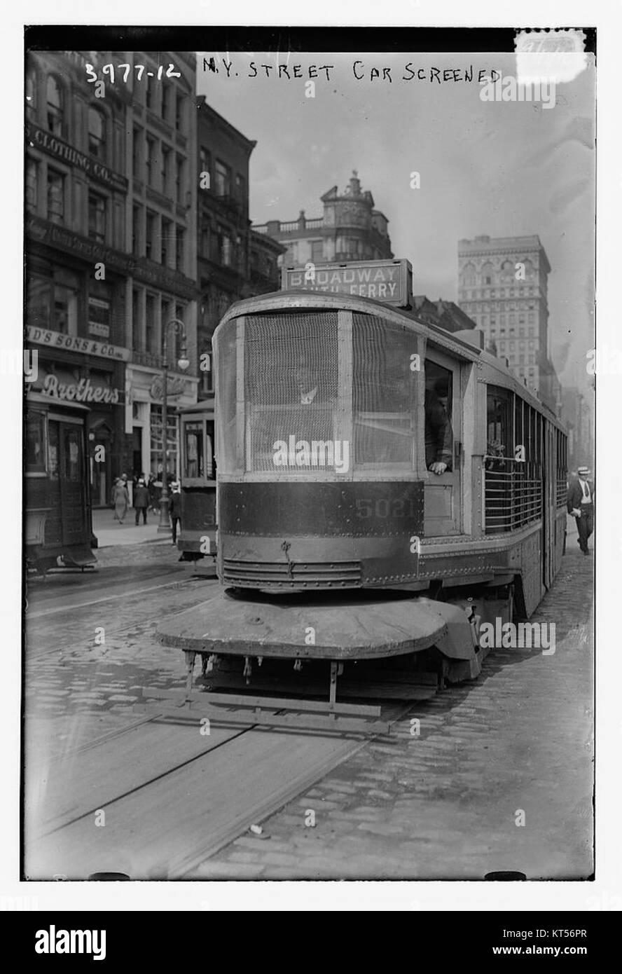 This image features a New York streetcar, showcasing its design with a ...