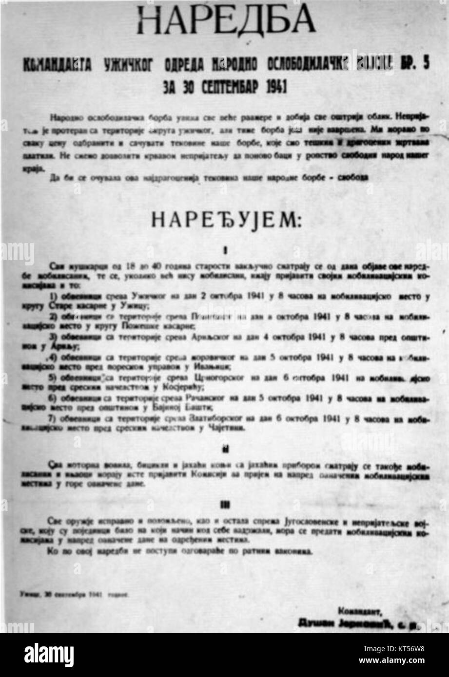 The phrase 'Naredba za mobilizaciju' translates to 'Mobilization Order ...