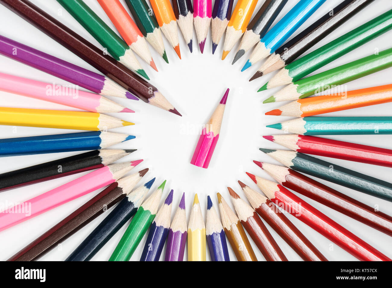 Circle of pencils with a little pencil in the center on a white paper ...