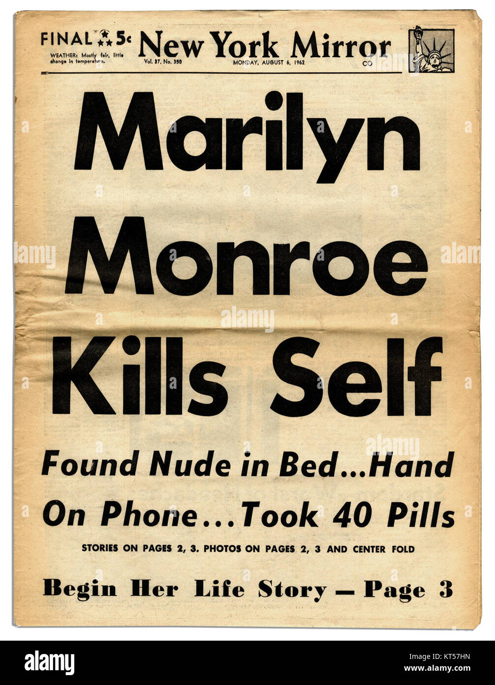 The front page of the New York Mirror from August 6, 1962, captures a ...
