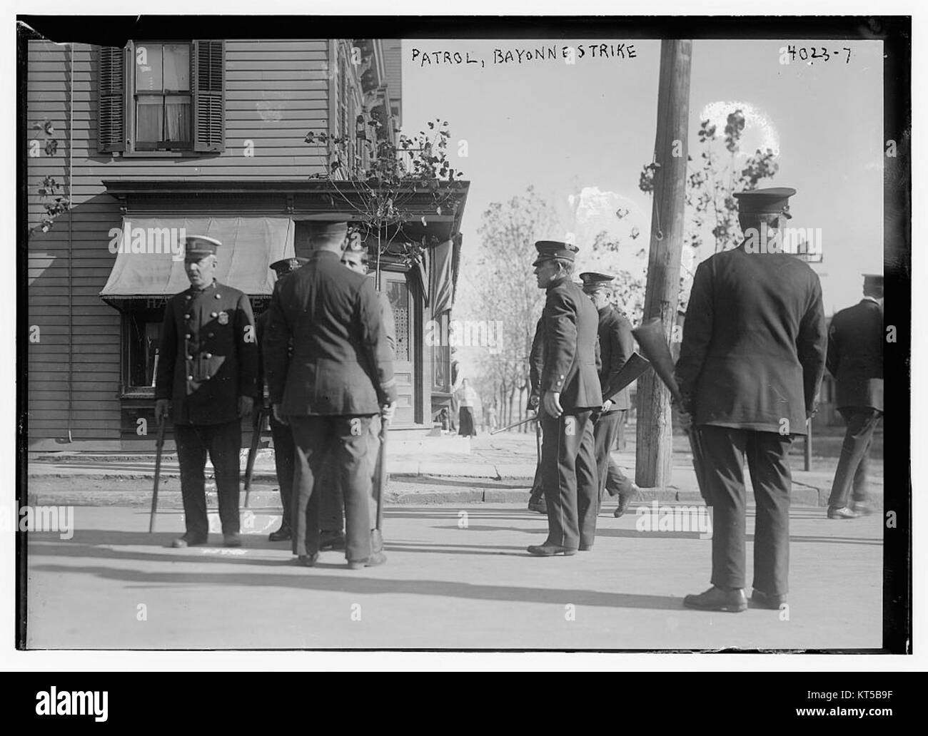 This photograph depicts a scene from the Bayonne strike, where police ...