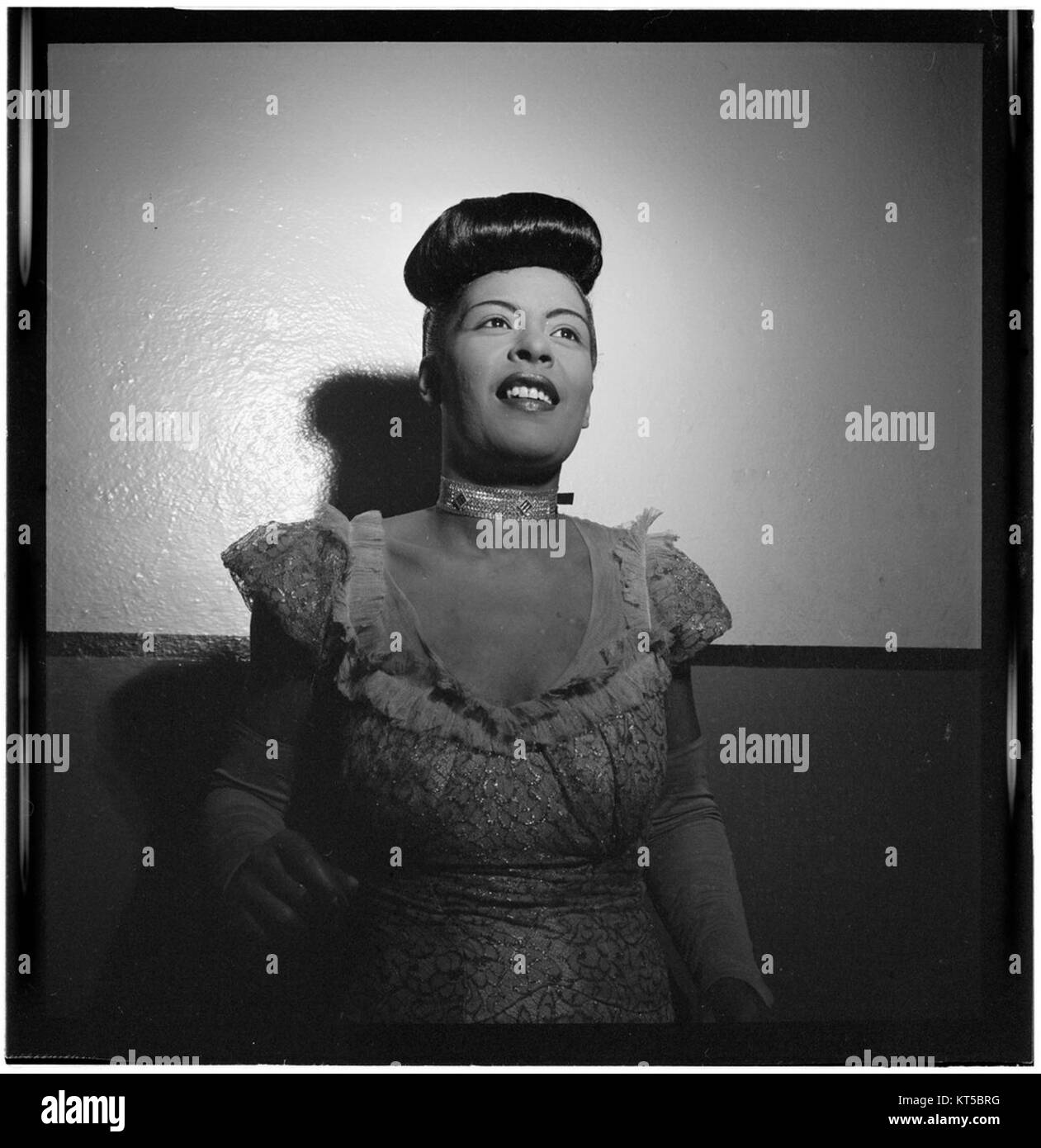 This portrait captures Billie Holiday, the legendary jazz singer ...