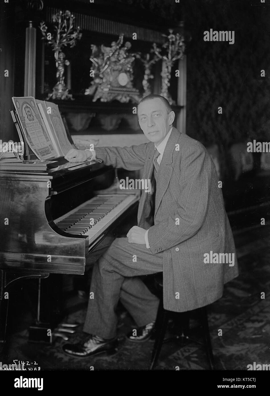 This image captures the famous Russian composer Sergei Rachmaninoff ...