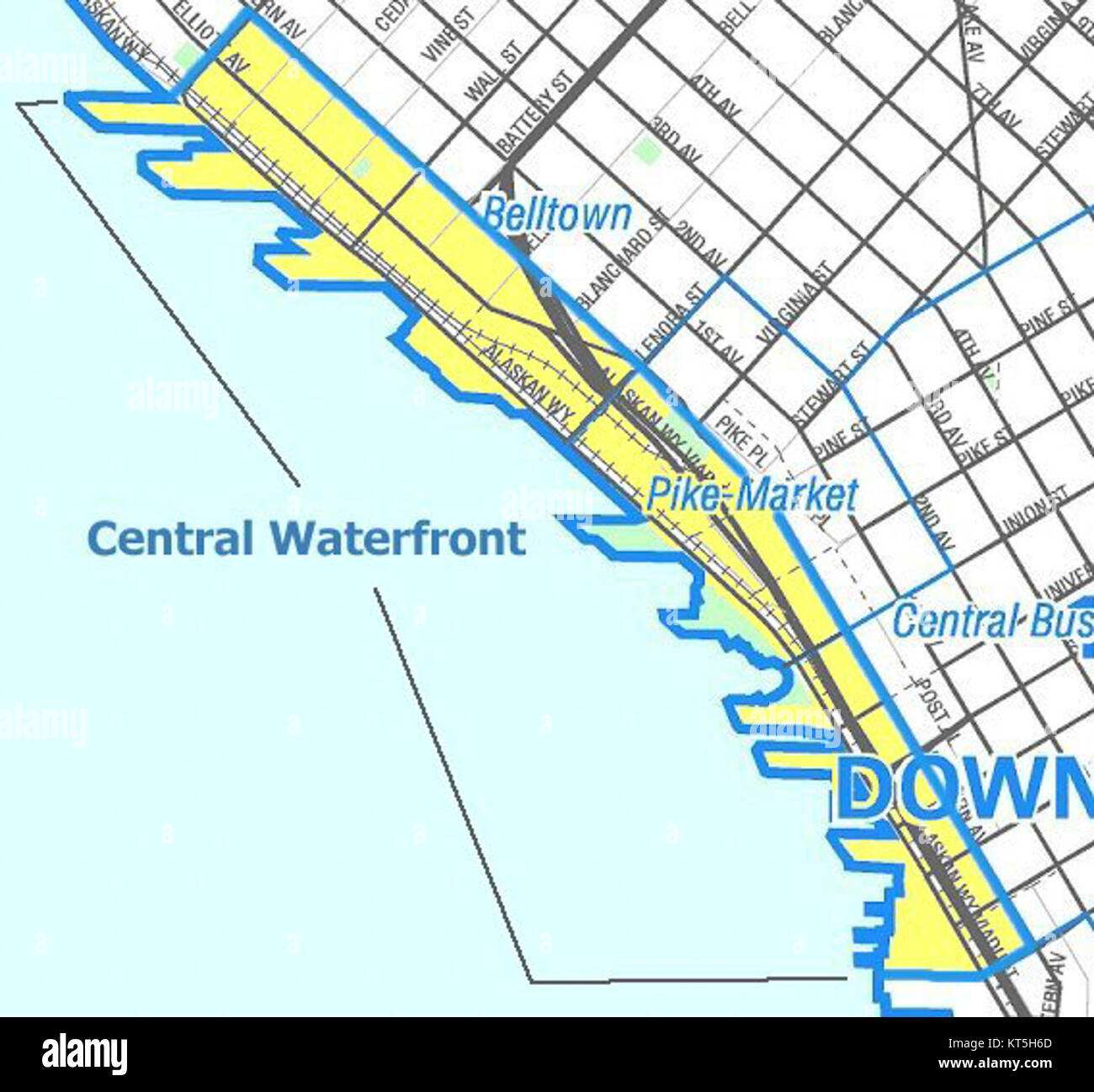A map of Seattle's Central Waterfront, detailing key areas such as ...