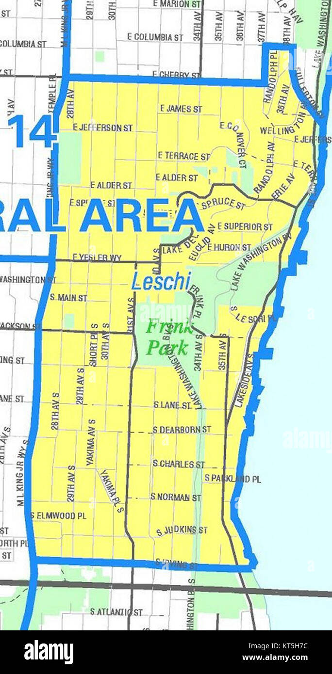 This map of Leschi, a neighborhood in Seattle, Washington, highlights ...