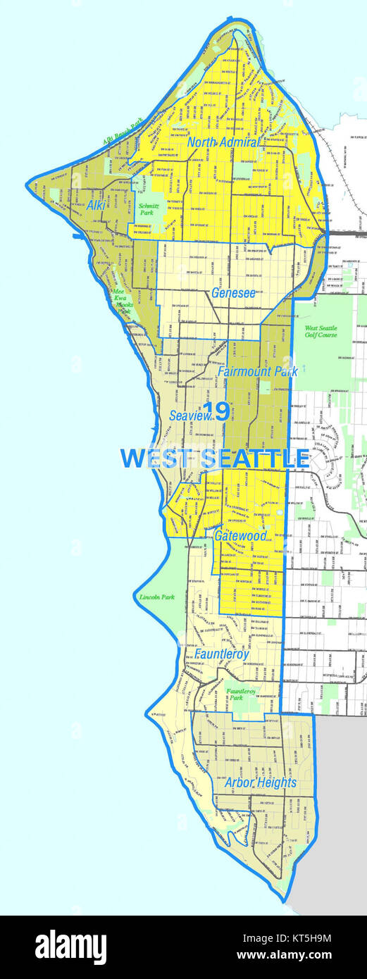 This map highlights the West Seattle area of Seattle, Washington ...