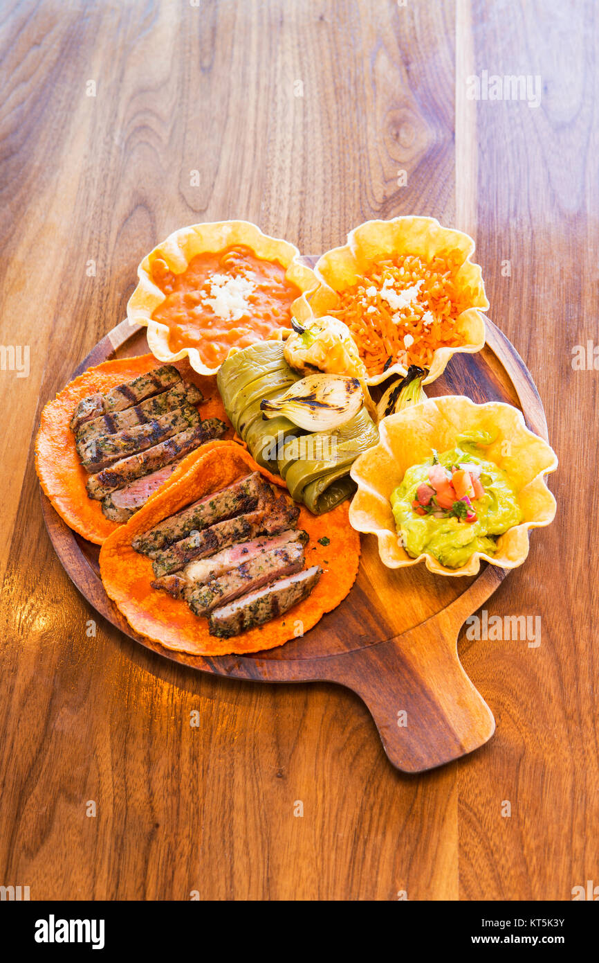 rib eye tacos with refried beans, rice and guacamole, Santo Mezcal ...