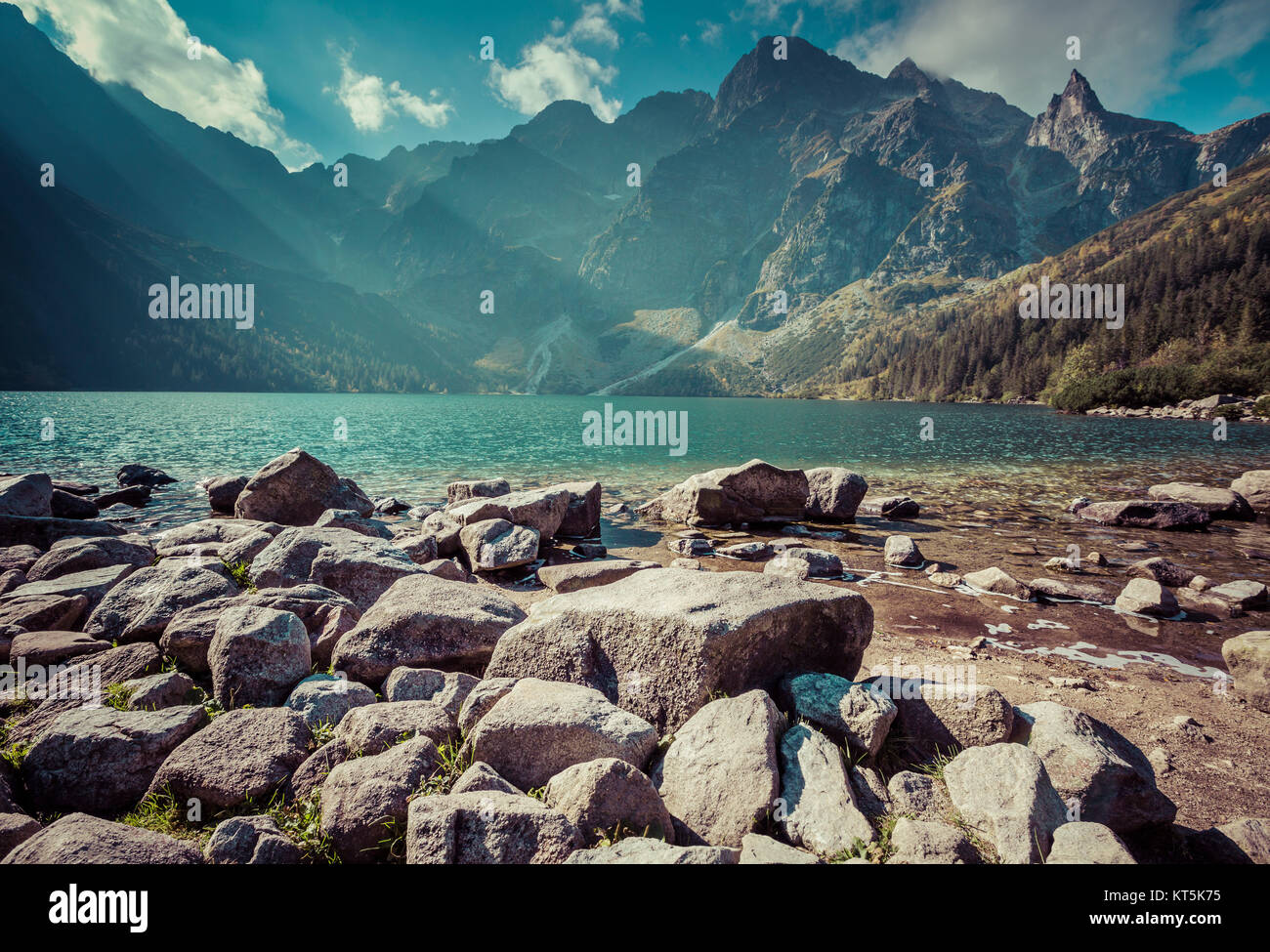 Green water mountain lake Morskie Oko, Tatra Mountains, Poland Stock ...