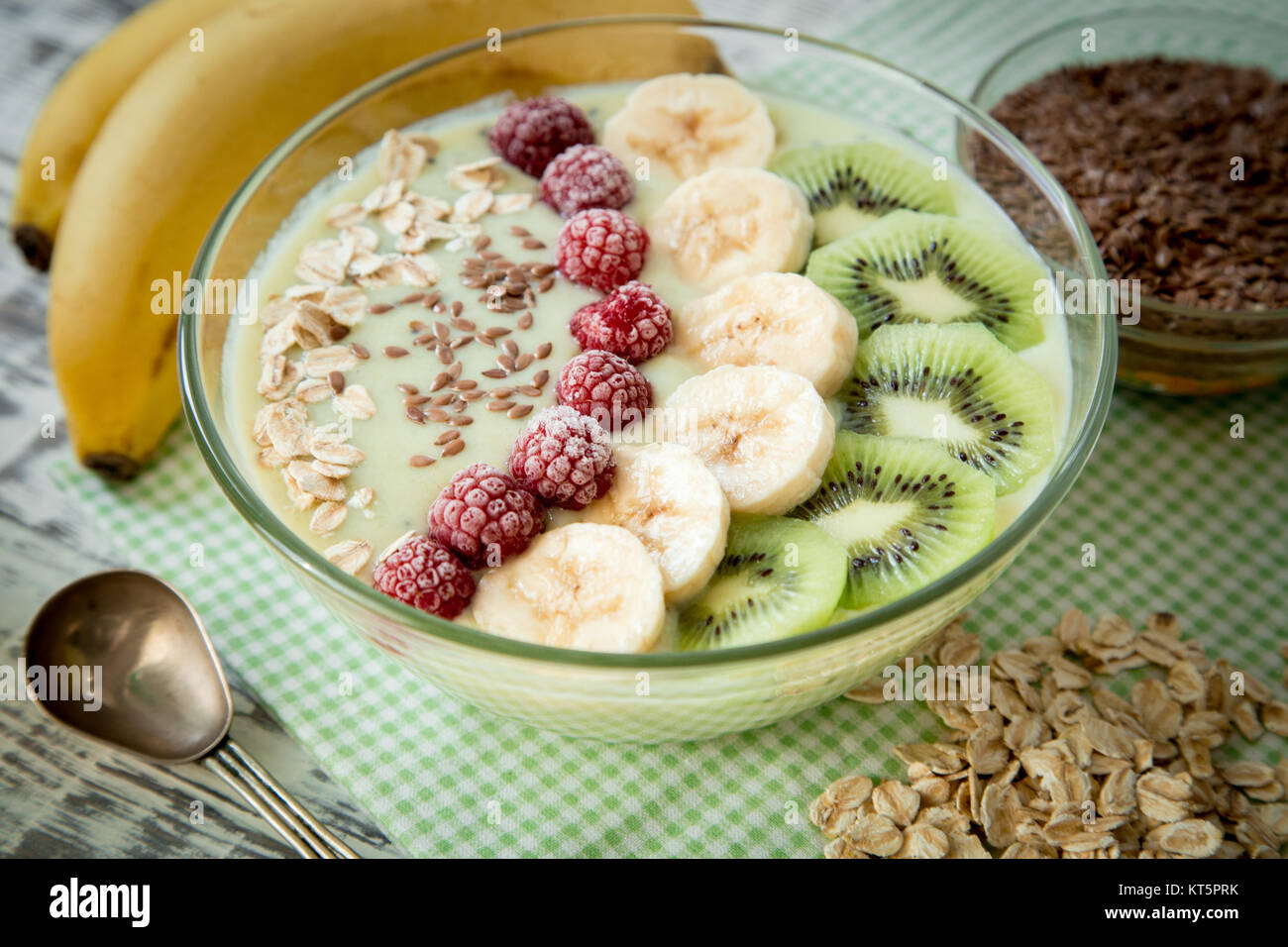 Soup from fruit and berries with oats and flax seeds. Healthy food ...