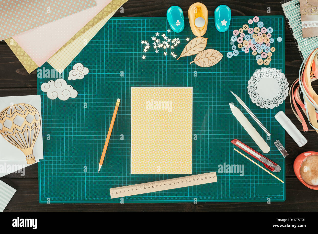 Top view of postcard template on a table with decoration Stock Photo ...