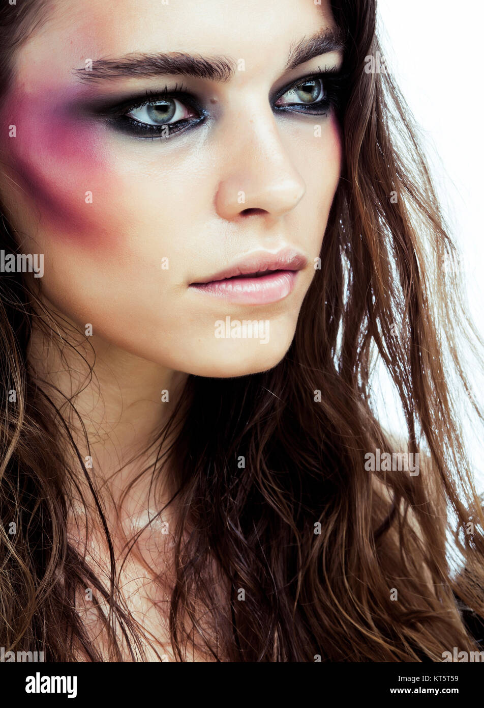 young beauty woman with makeup like shiner on face close up isolated ...