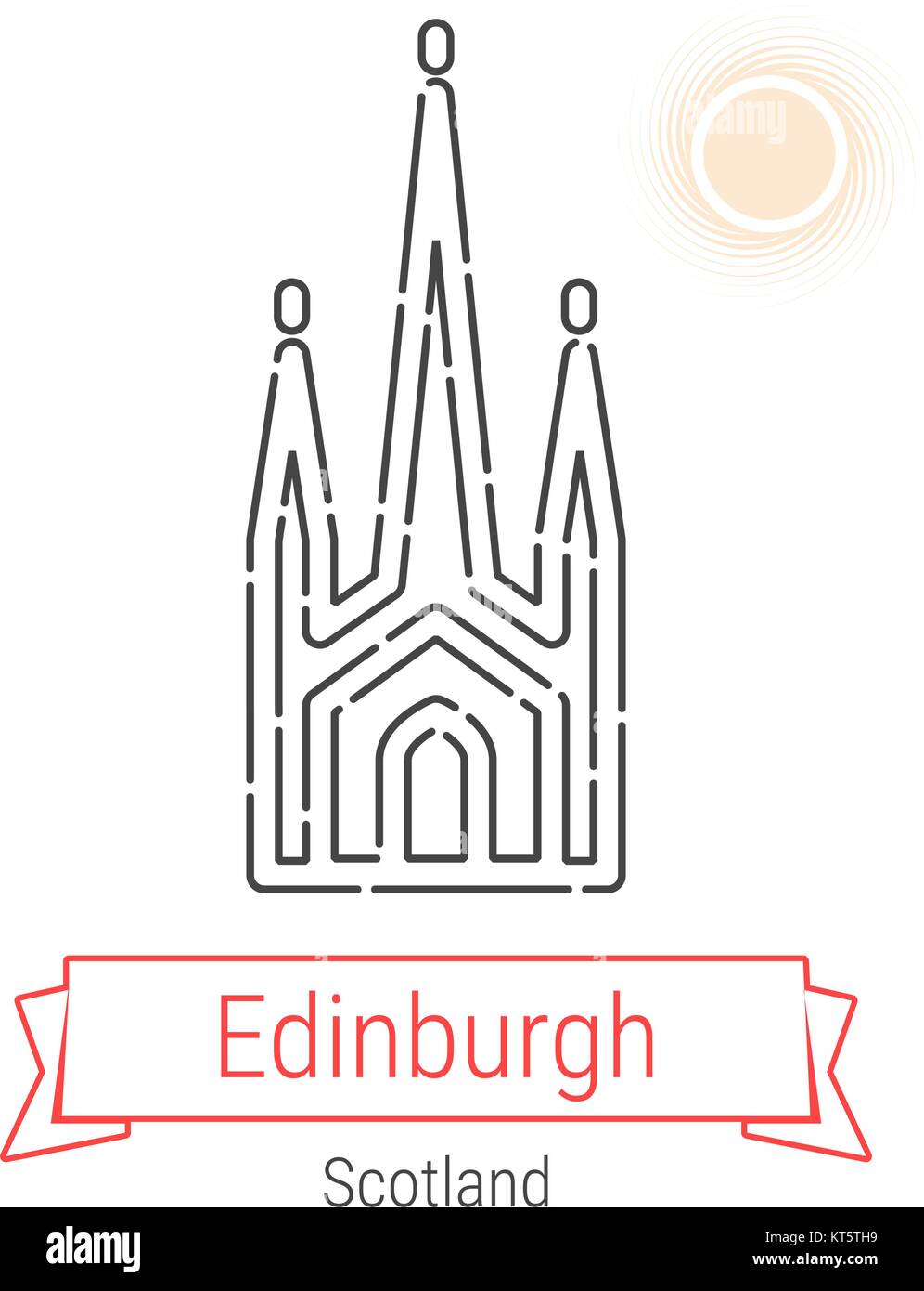Edinburgh, Scotland Vector Line Icon with Red Ribbon Isolated on White ...