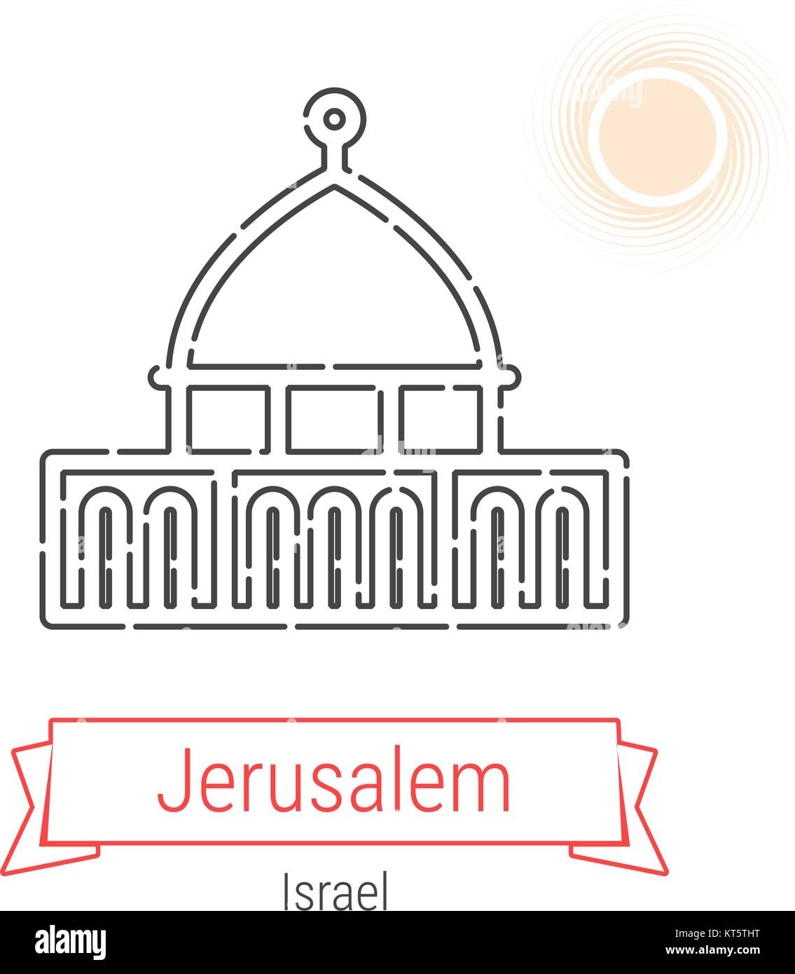 Jerusalem, Israel Vector Line Icon with Red Ribbon Isolated on White ...