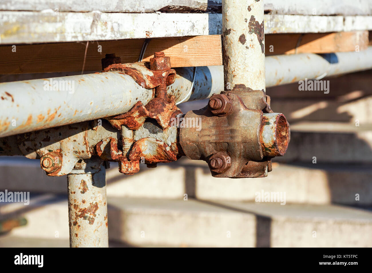 Detail of a steel scaffolding joint on construction site, Construction ...