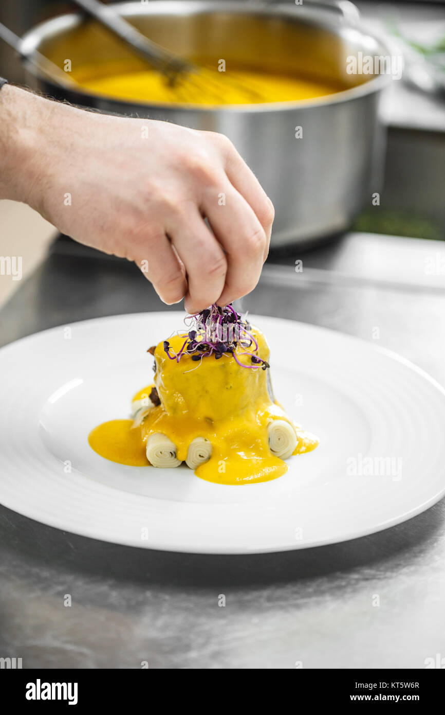 Chef decorating delicious dish Stock Photo - Alamy