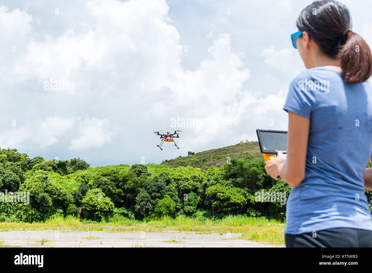 Woman control drone with remote Stock Photo - Alamy