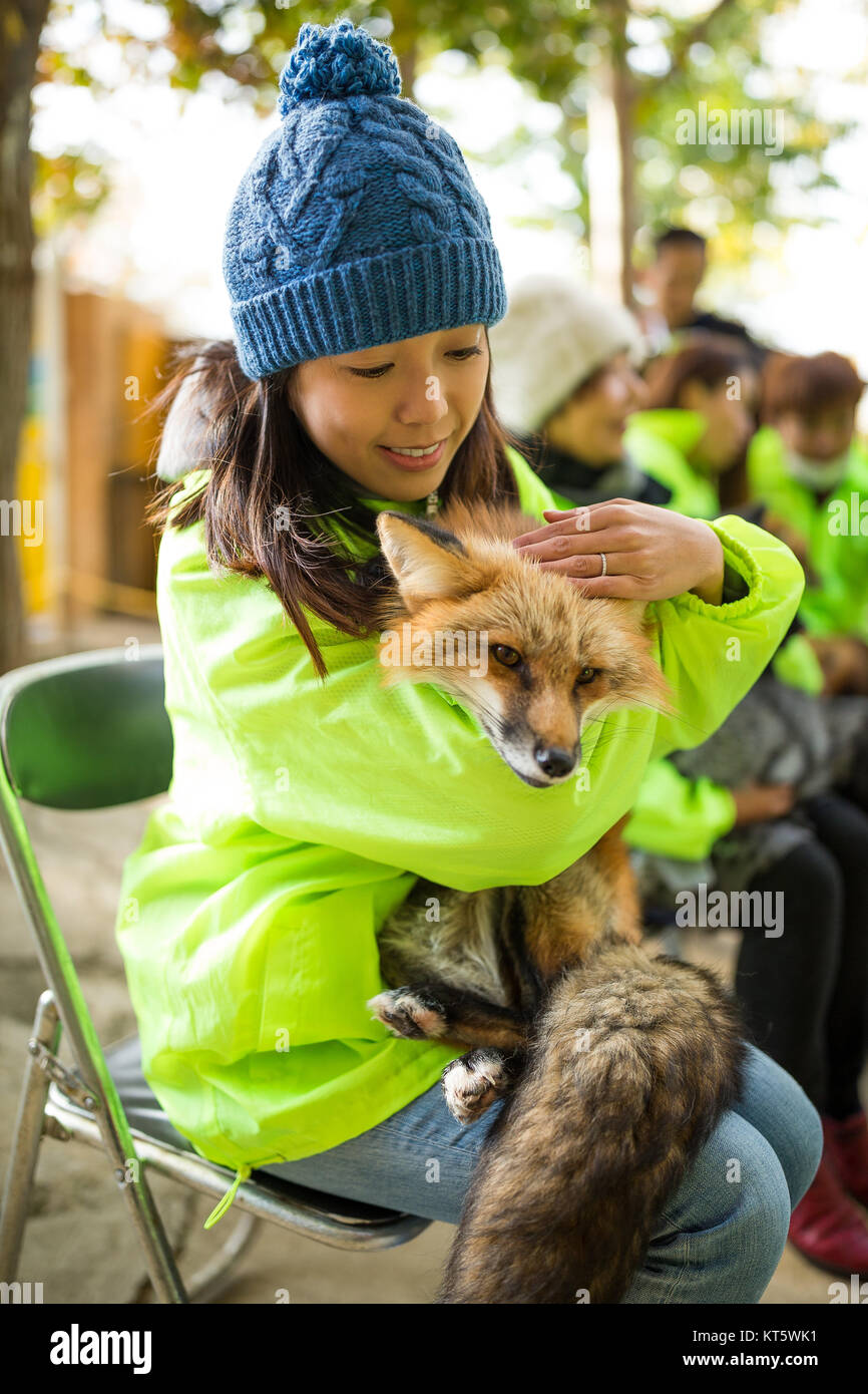 Young woman holding fox Stock Photo - Alamy