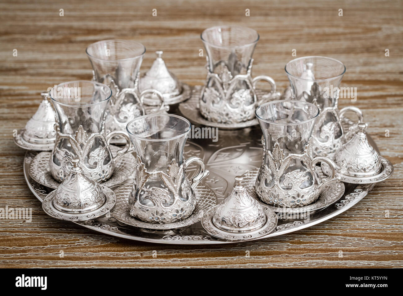 Traditional Silver Coffee Cup Set in a Tray on Wooden Background Stock ...