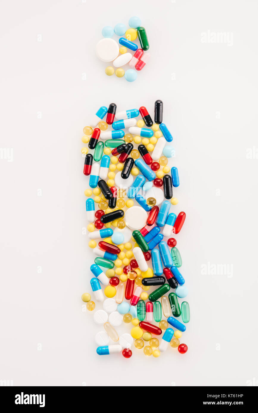 Top view of letter I made from medical pills and capsules, medicine and ...