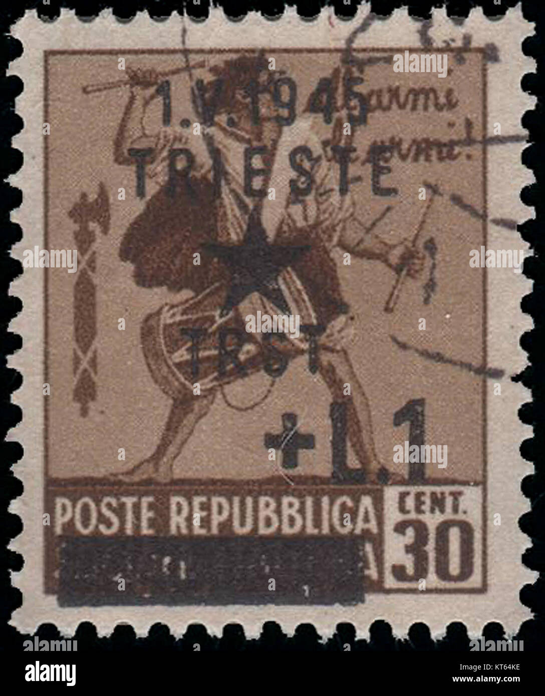This stamp, issued in 1945 in Trieste, represents a historical period ...