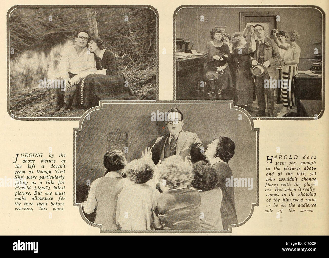 Stills from the 1924 film 'Girl Shy' capture scenes from the silent comedy, showcasing its early ...