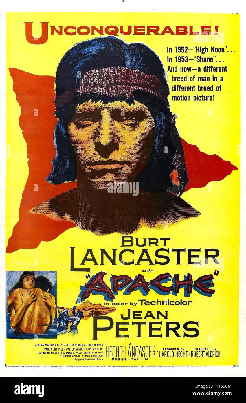 The poster for the 1954 film 'Apache' featuring Burt Lancaster. The ...