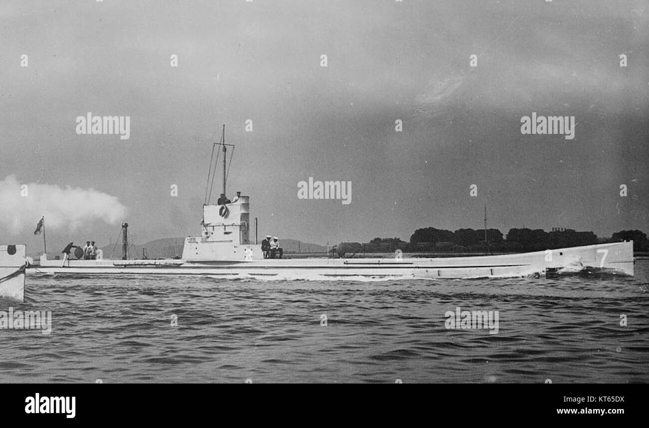The image depicts Submarine U-7 at full speed, highlighting its ...