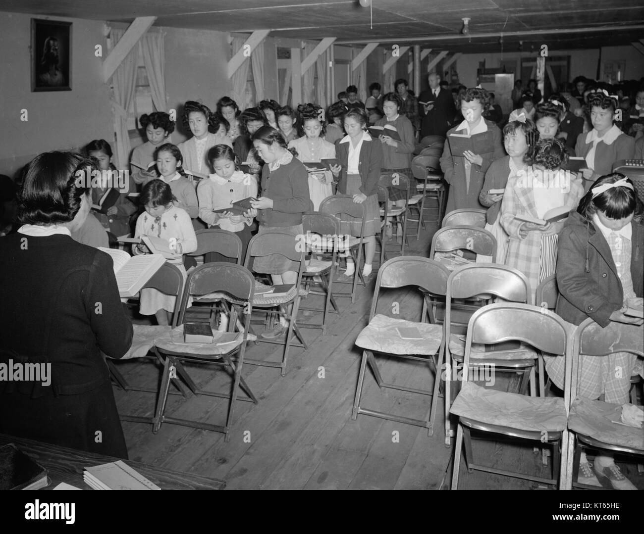 Photograph titled 'Sunday School at Manzanar' by Ansel Adams, capturing ...