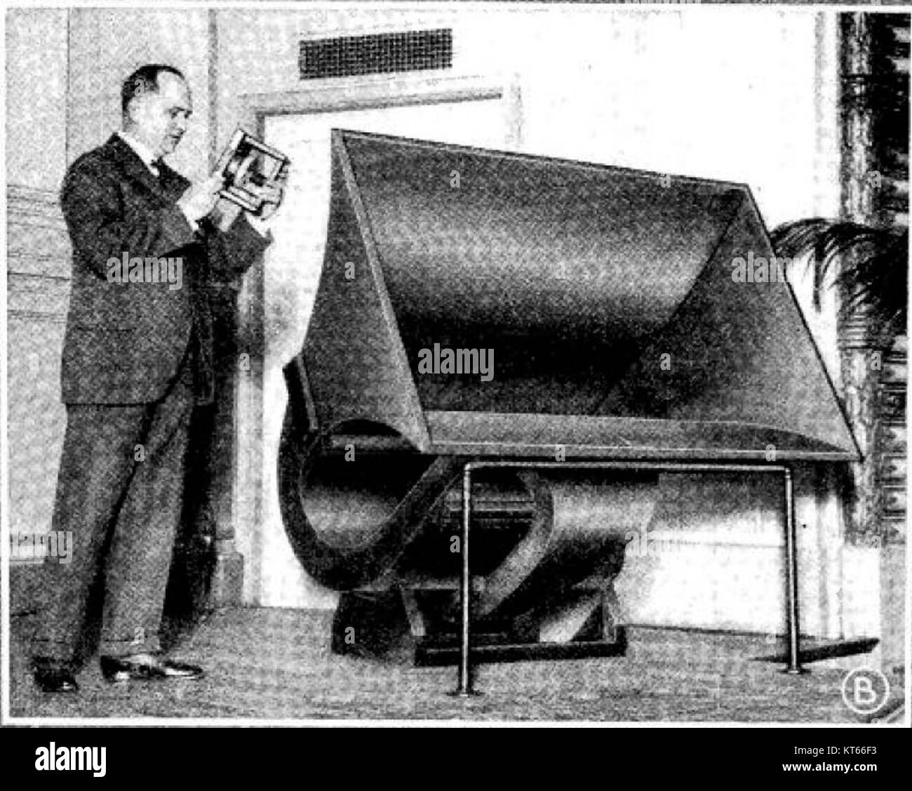 Theater horn loudspeaker, designed in 1928, represents an early method ...