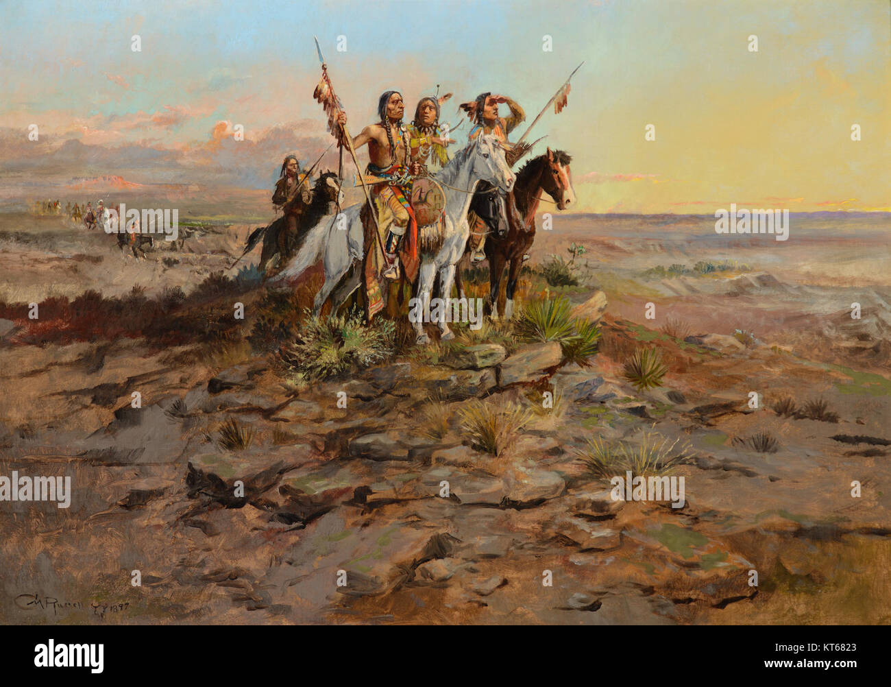 'Approach of the White Men' is an oil painting by Charles M. Russell ...