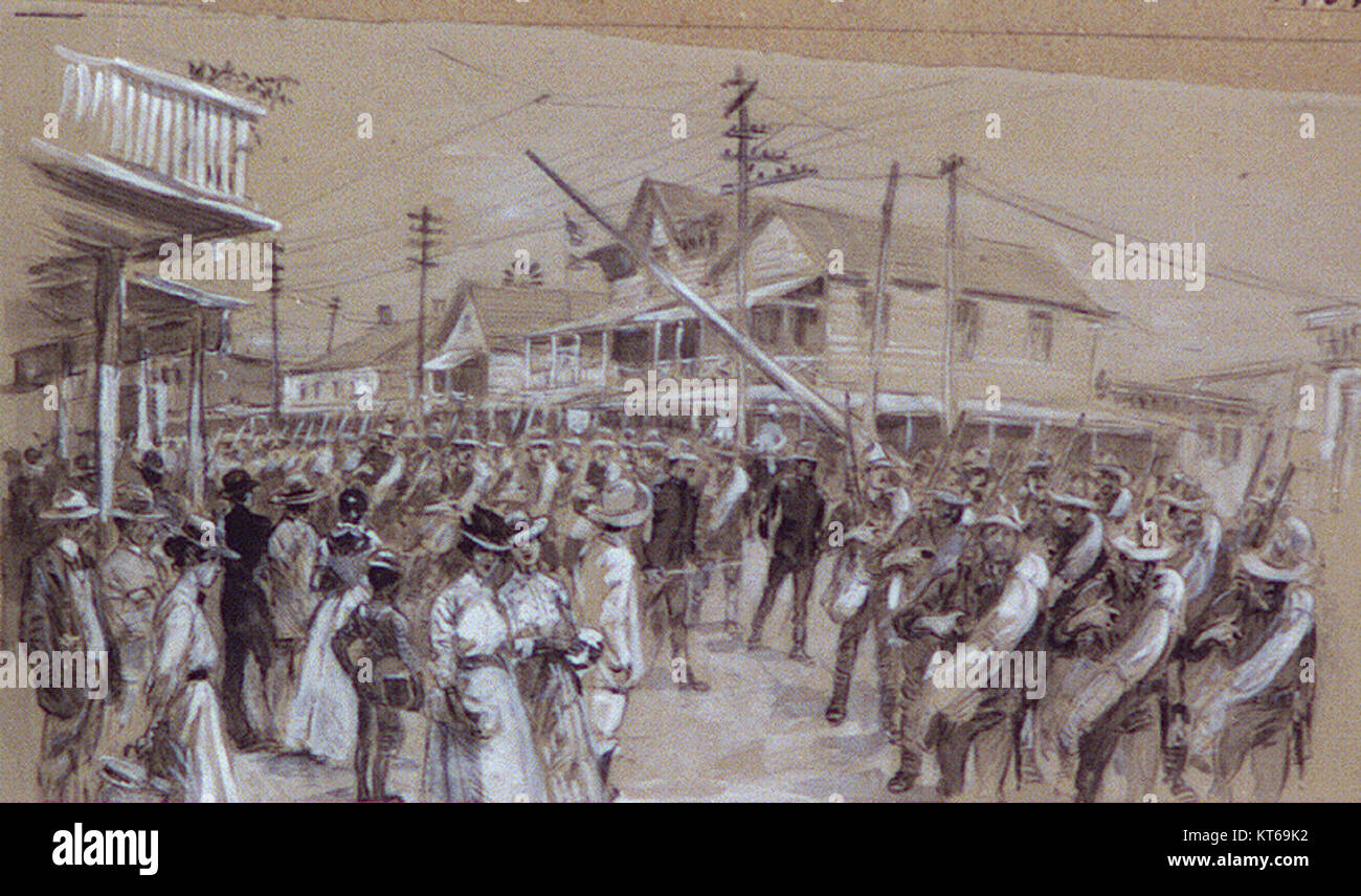 This historical photograph depicts US soldiers marching through Tampa ...