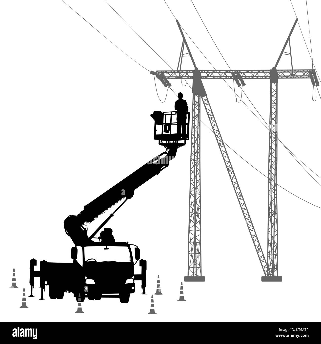 Electrician, making repairs at a power pole. illustration Stock Photo ...