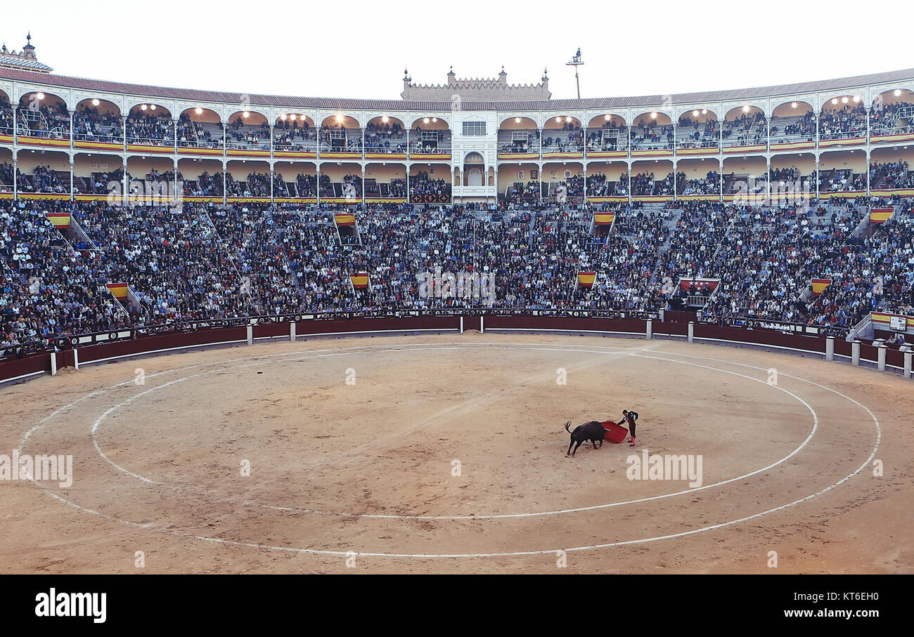 This image depicts a vacant arena with references to bullfighting. The ...