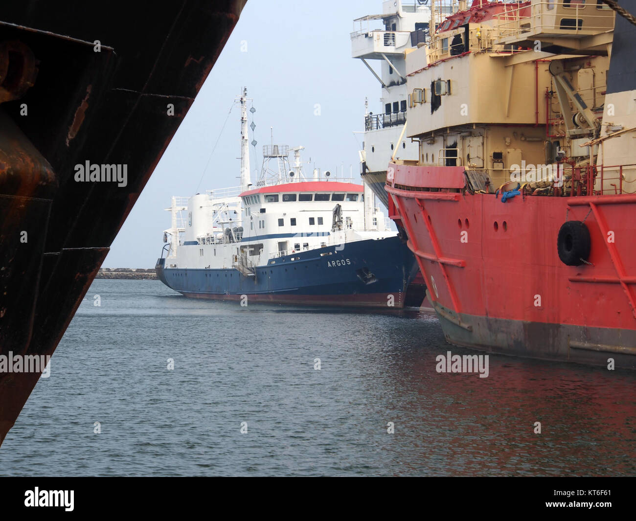 The image depicts the Argos, a vessel with IMO number 7364156, docked ...