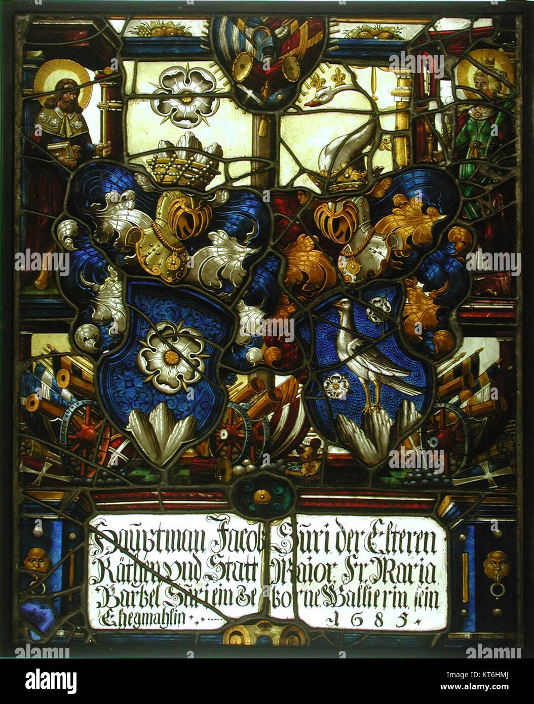 Swiss stained glass armorial panel from 1685, featuring heraldic ...