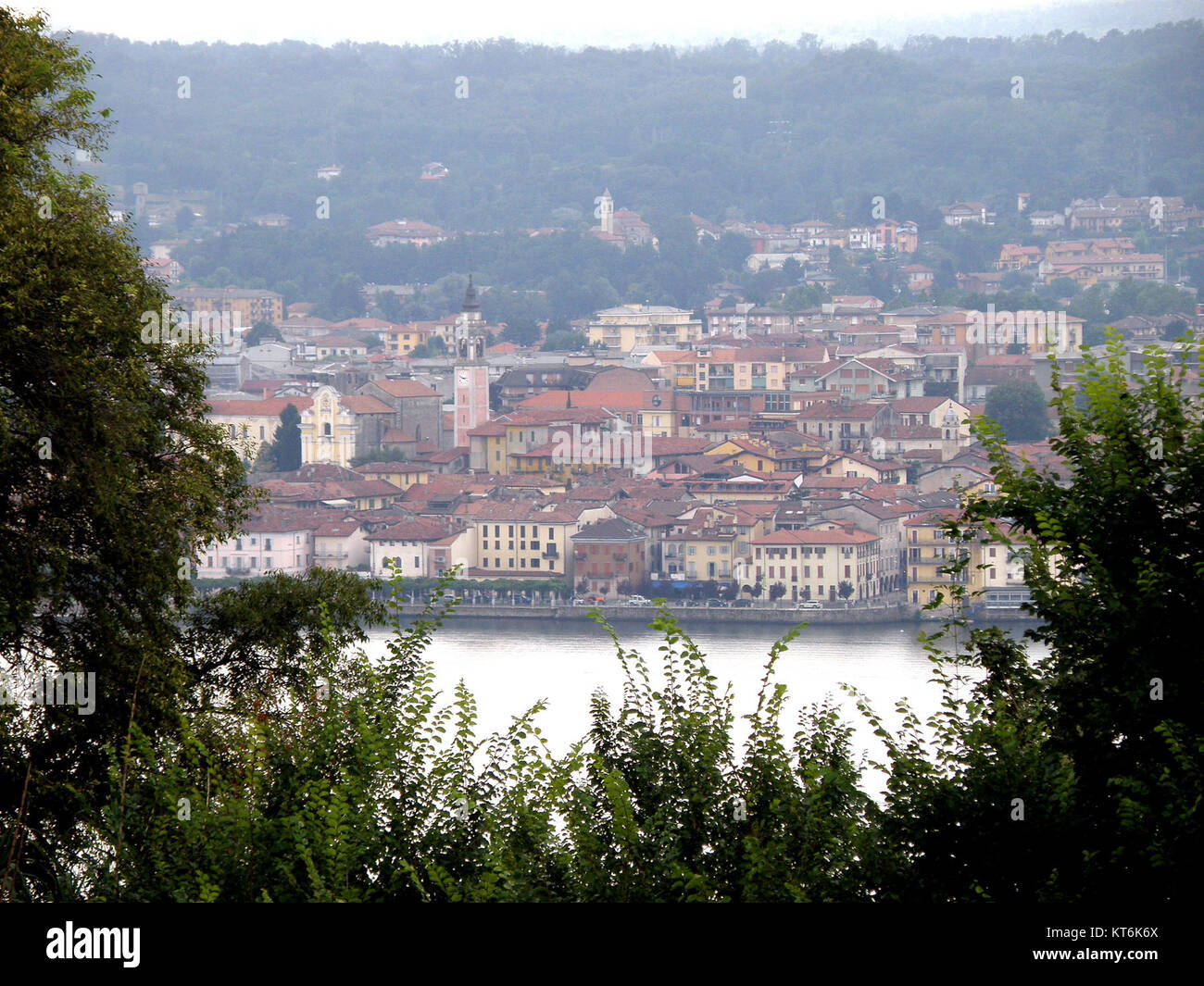 This image captures a panoramic view of Arona, Italy, in 1998. The ...