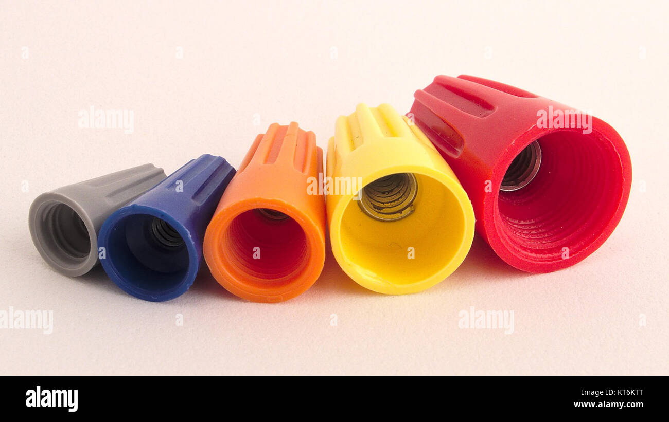 This image shows a variety of twist-on wire connectors, commonly known ...