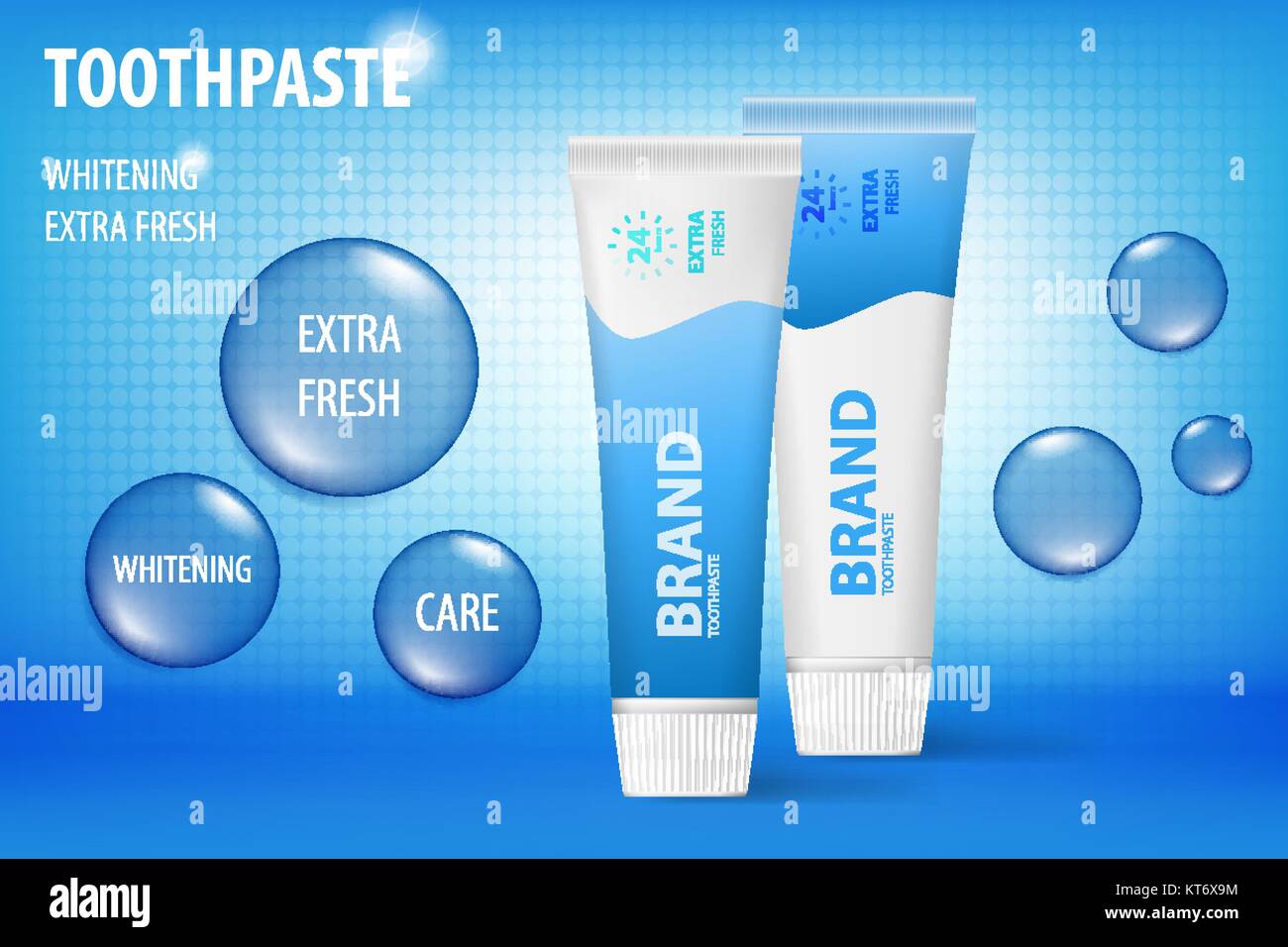 Whitening toothpaste concept, isolated on blue background. Tooth model ...