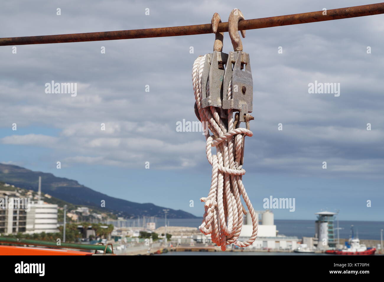 Detailed view of rope, nautical equipment and sky background Stock ...