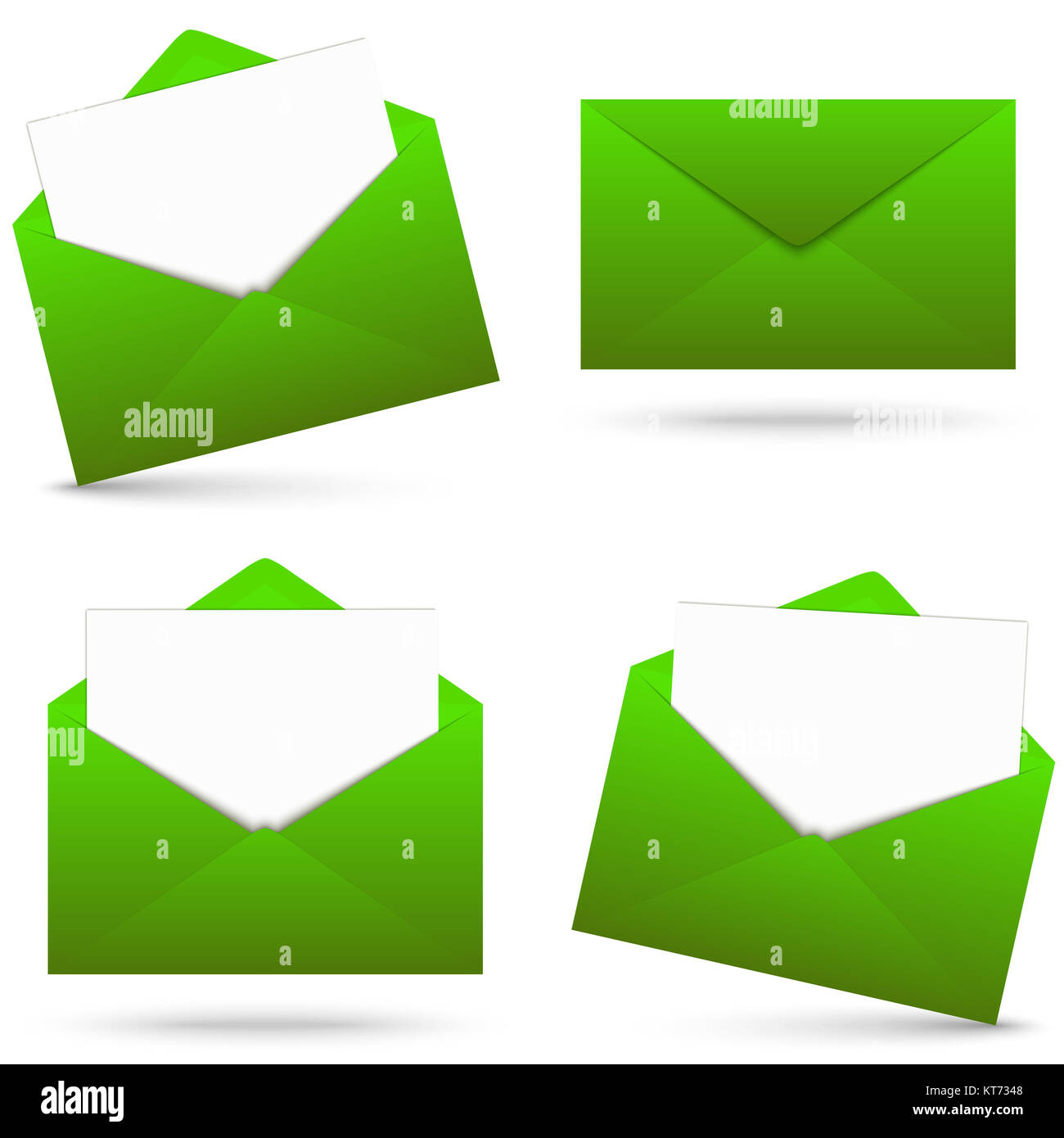 collection of green envelopes opened with empty white paper and shadow ...