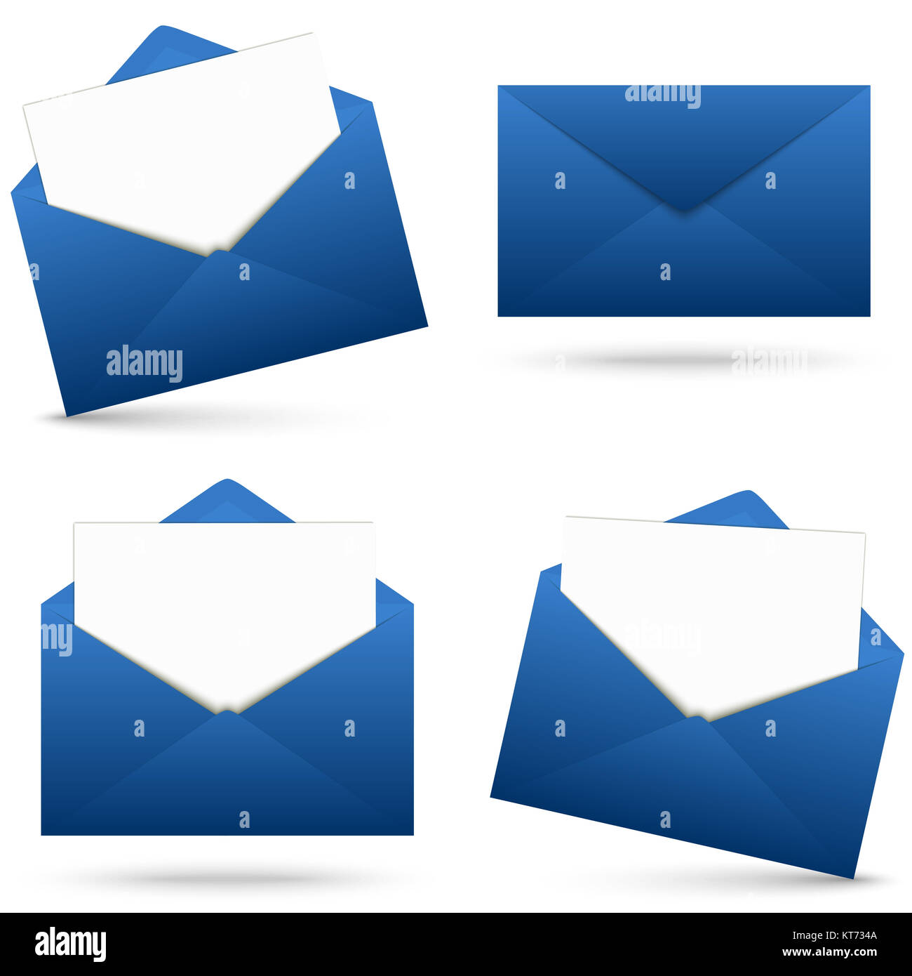 collection of blue envelopes opened with empty white paper and shadow ...