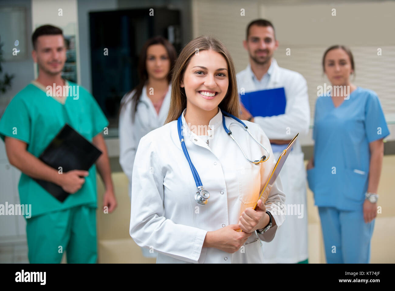 clinic, profession, people, health care and medicine concept - happy ...